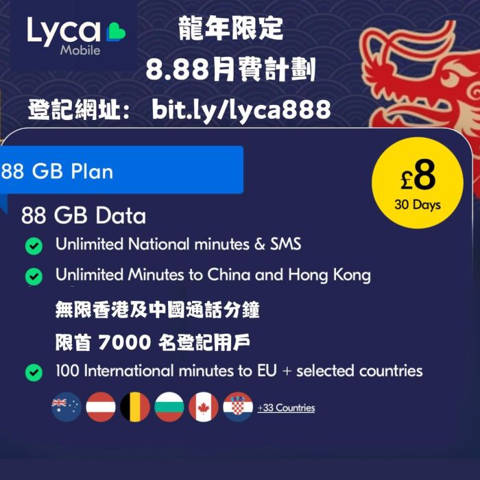 【Lyca 於「Loong」年推出期間限定 8.88月費計劃】 - 英國優惠Guide - ukdealguide