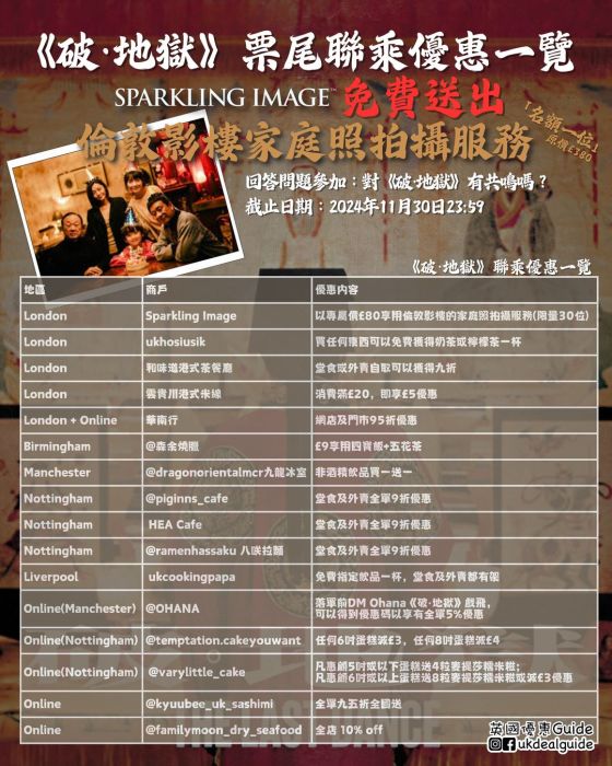 《破·地獄》票尾聯乘優惠一覽 及 送家庭照拍攝名額一個！ - 英國優惠Guide - ukdealguide